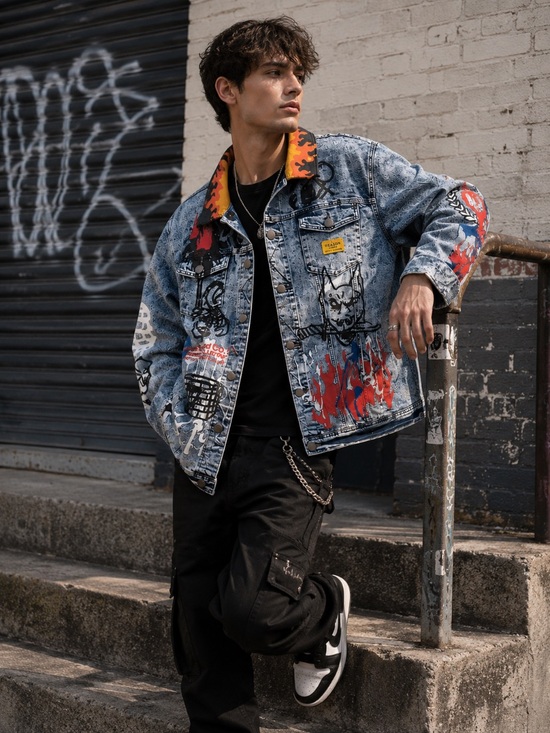 Reason | Jackets & Coats | Mens Blue Graphic Denim Jacket With Red ...